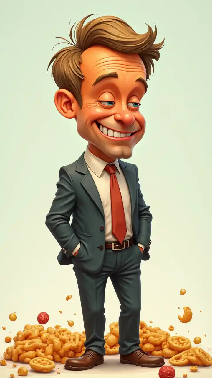 Humorous Caricature of a Man Surrounded by Snacks