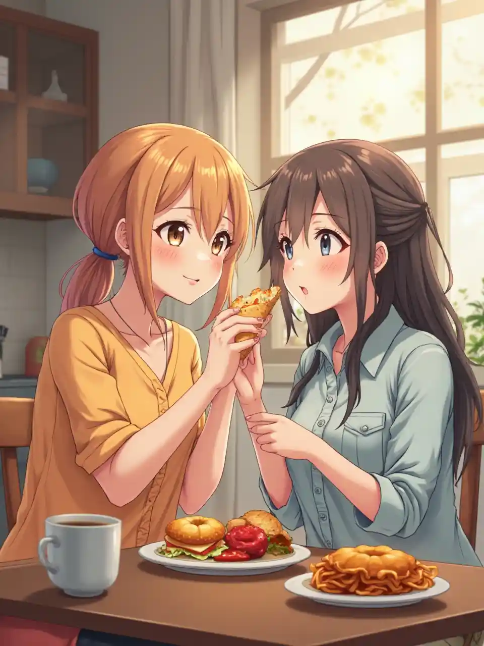 Heartwarming Anime Scene of Two Friends Sharing Food