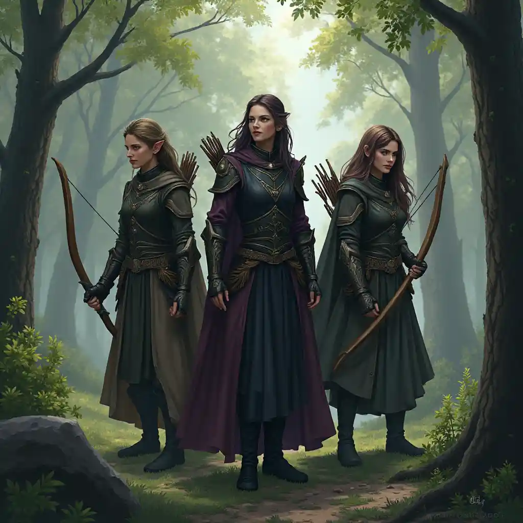 Three Elven Archers in Dark Armor Amidst Forest Clearing
