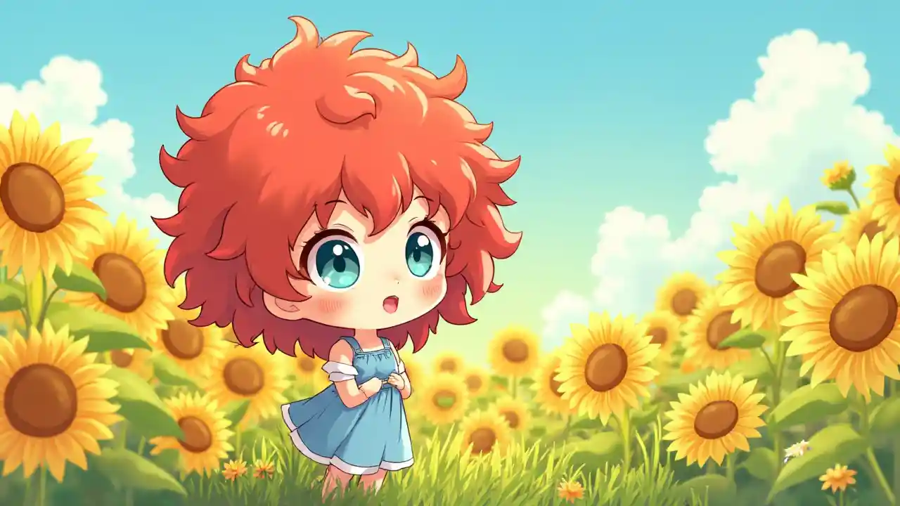 Whimsical Chibi Girl Among Sunflowers Illustration