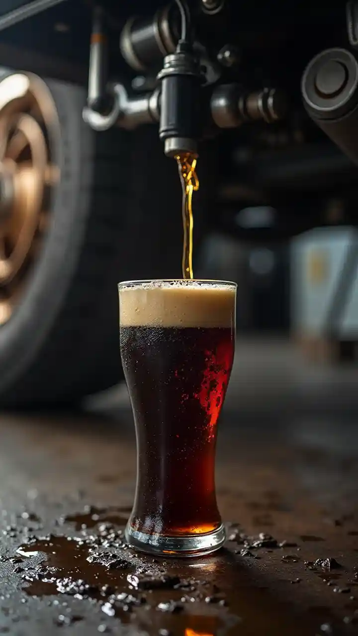 Dripping Car Engine and Pint of Stout Below It