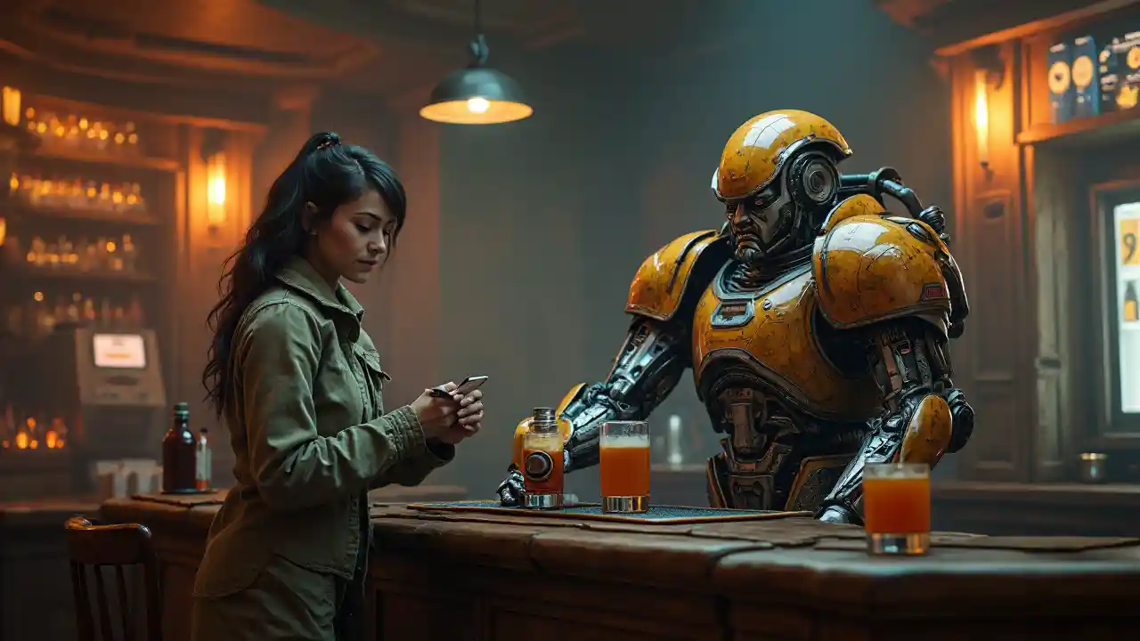 Exploring a Futuristic Bar with a Robotic Bartender in Warhammer 40k