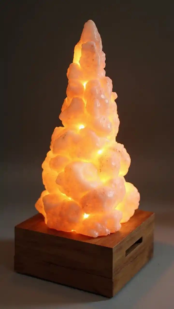 Aesthetic Pyramid-Shaped Salt Lamp with Wooden Base