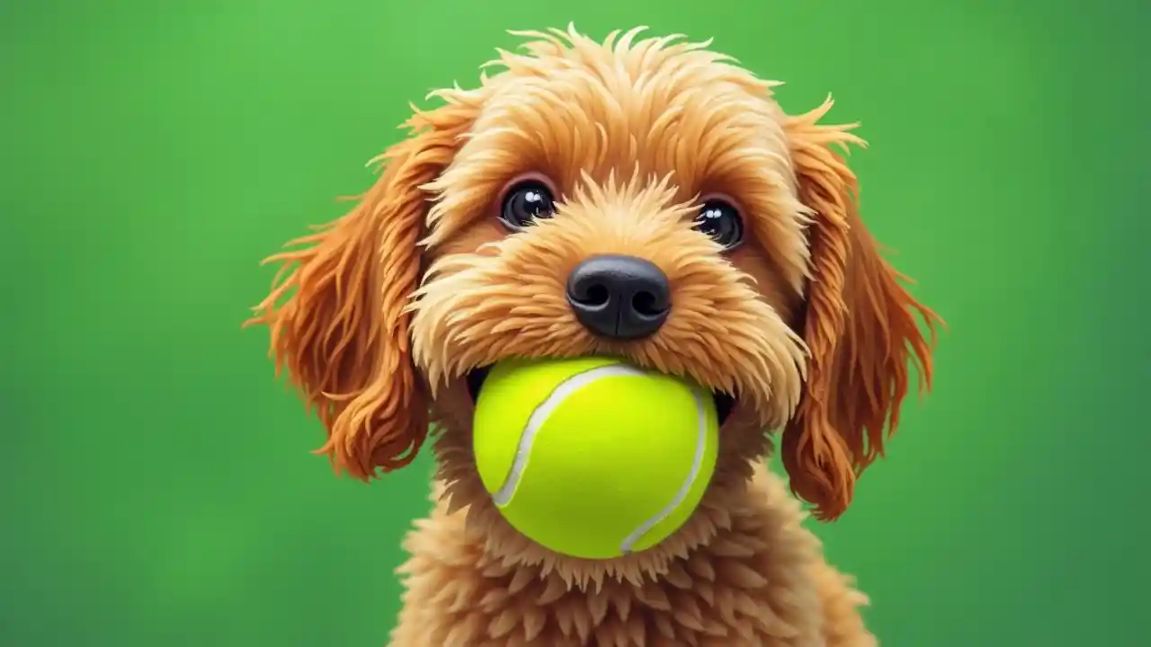 A Cockapoo Dog Holding a Bright Green Tennis Ball