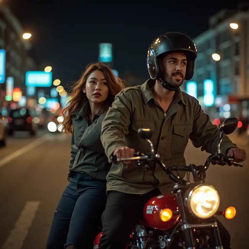 Nighttime Motorcycle Ride Through City Streets
