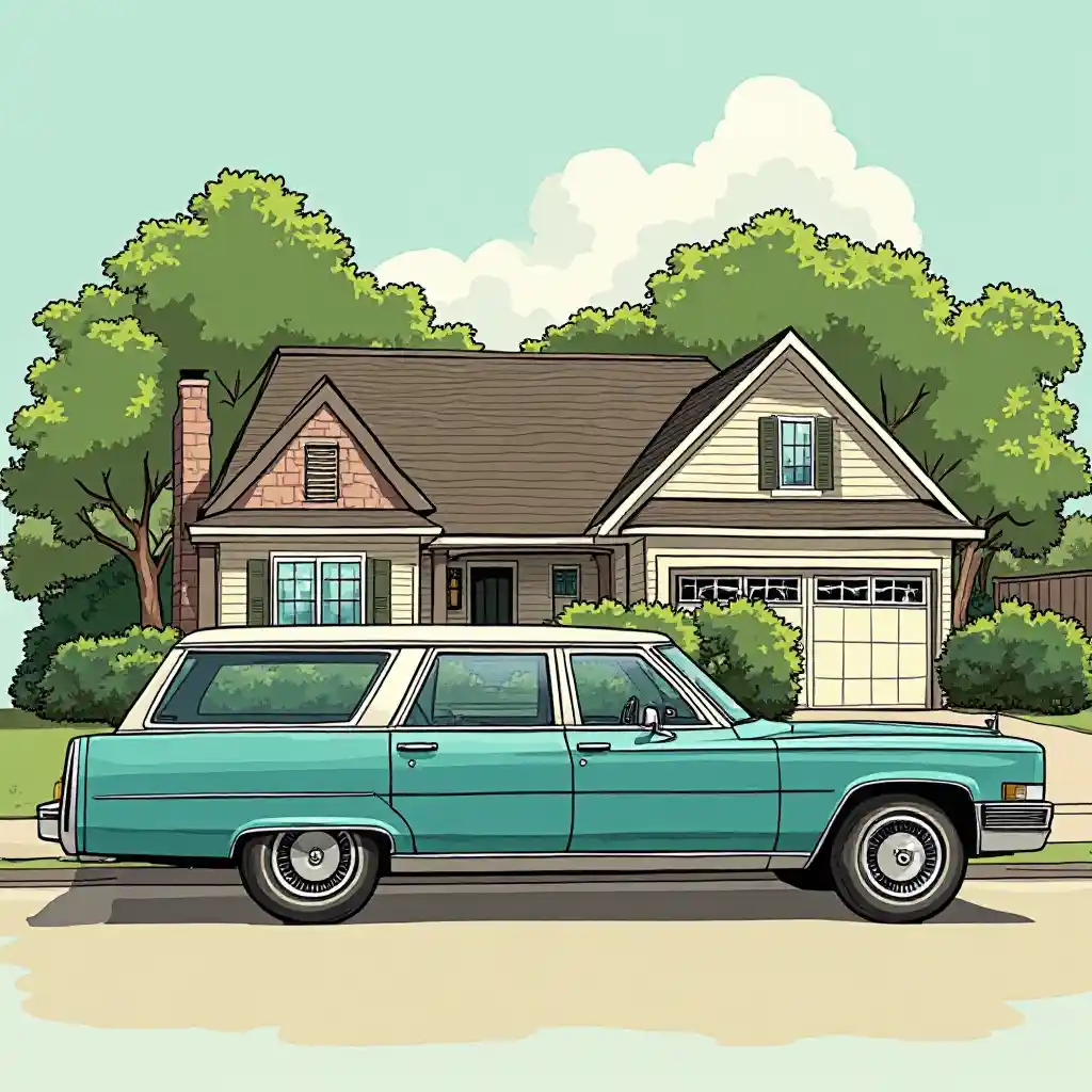 Vintage Teal Cadillac Station Wagon in Suburban Setting