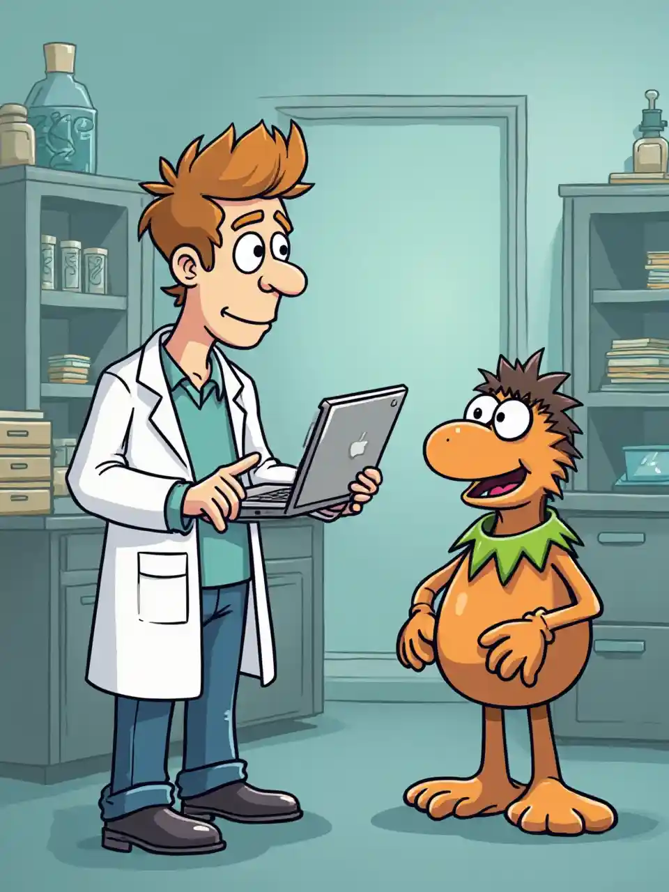 A Cartoon Illustration of a Scientist and a Muppet in a Lab