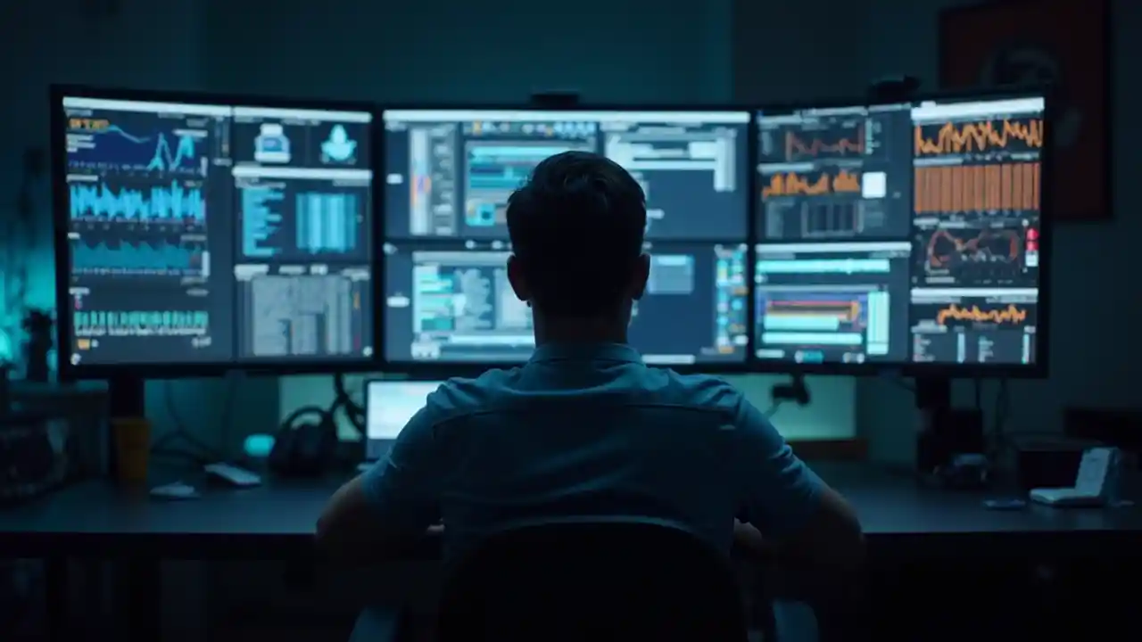 Man Watching Multiple Monitors in a Dark Room