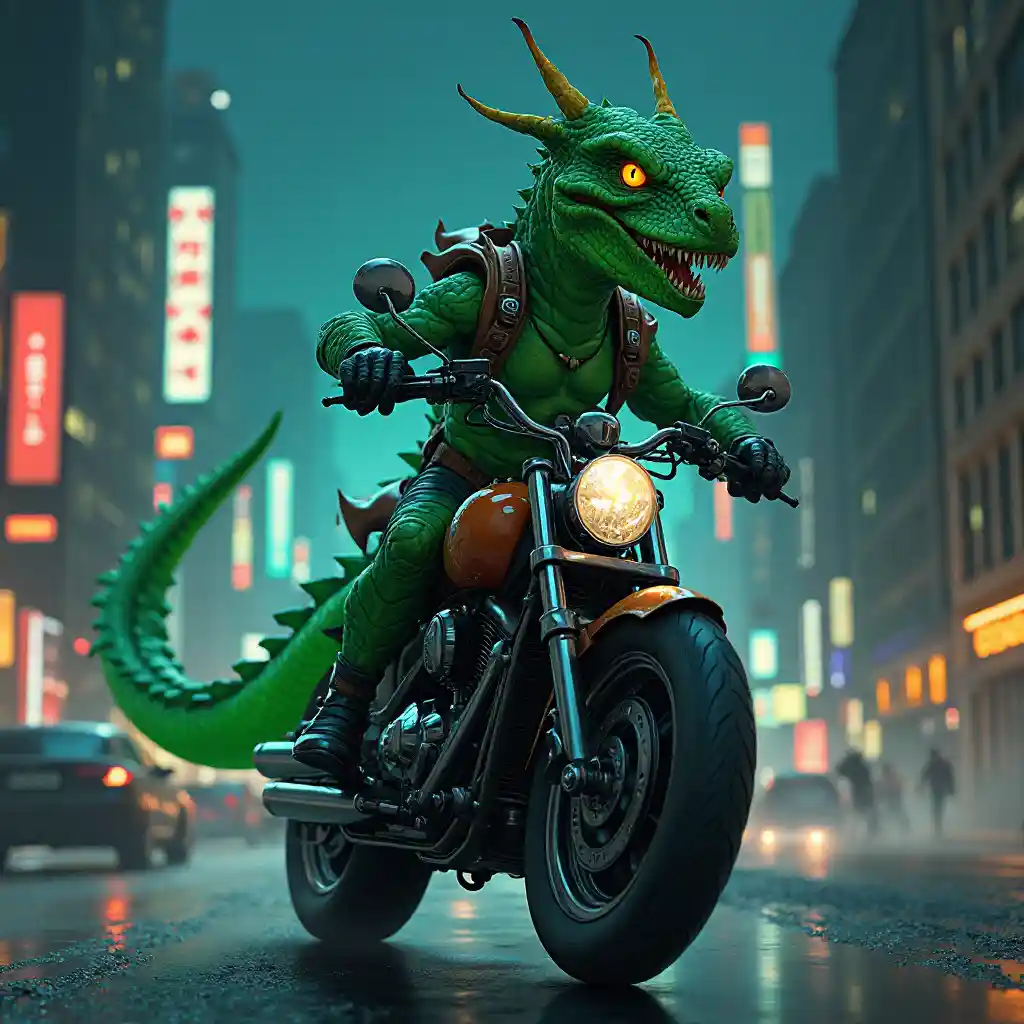 A Green Dragon and Goblin Ride Through Cyberpunk Streets