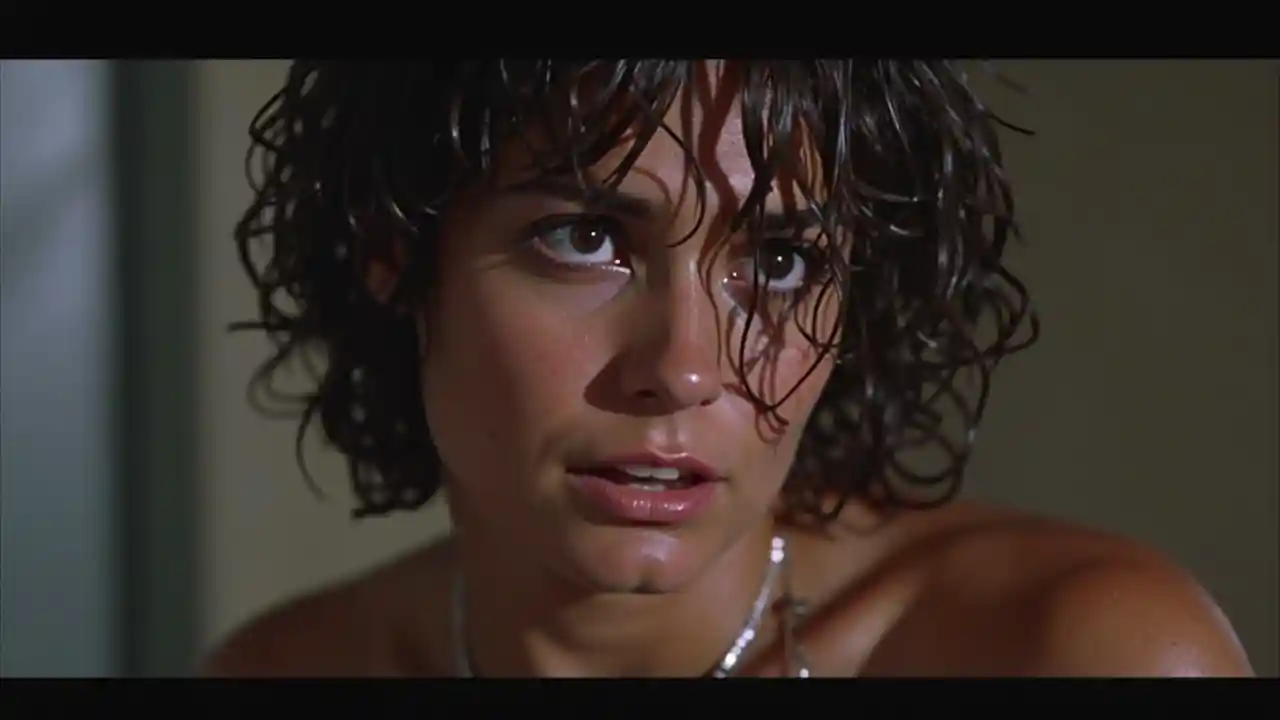Closeup of Intense Female Fighter in Classic Movie Scene
