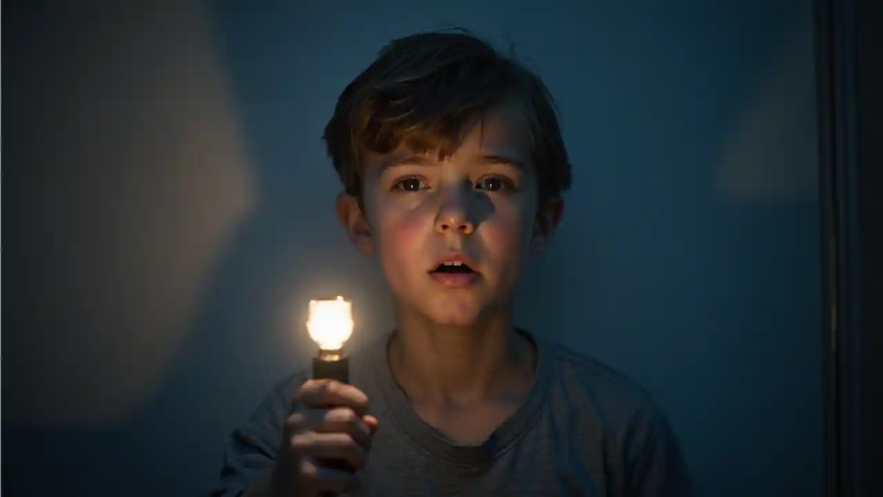A Terrified Boy Gripping a Flashlight in Fear
