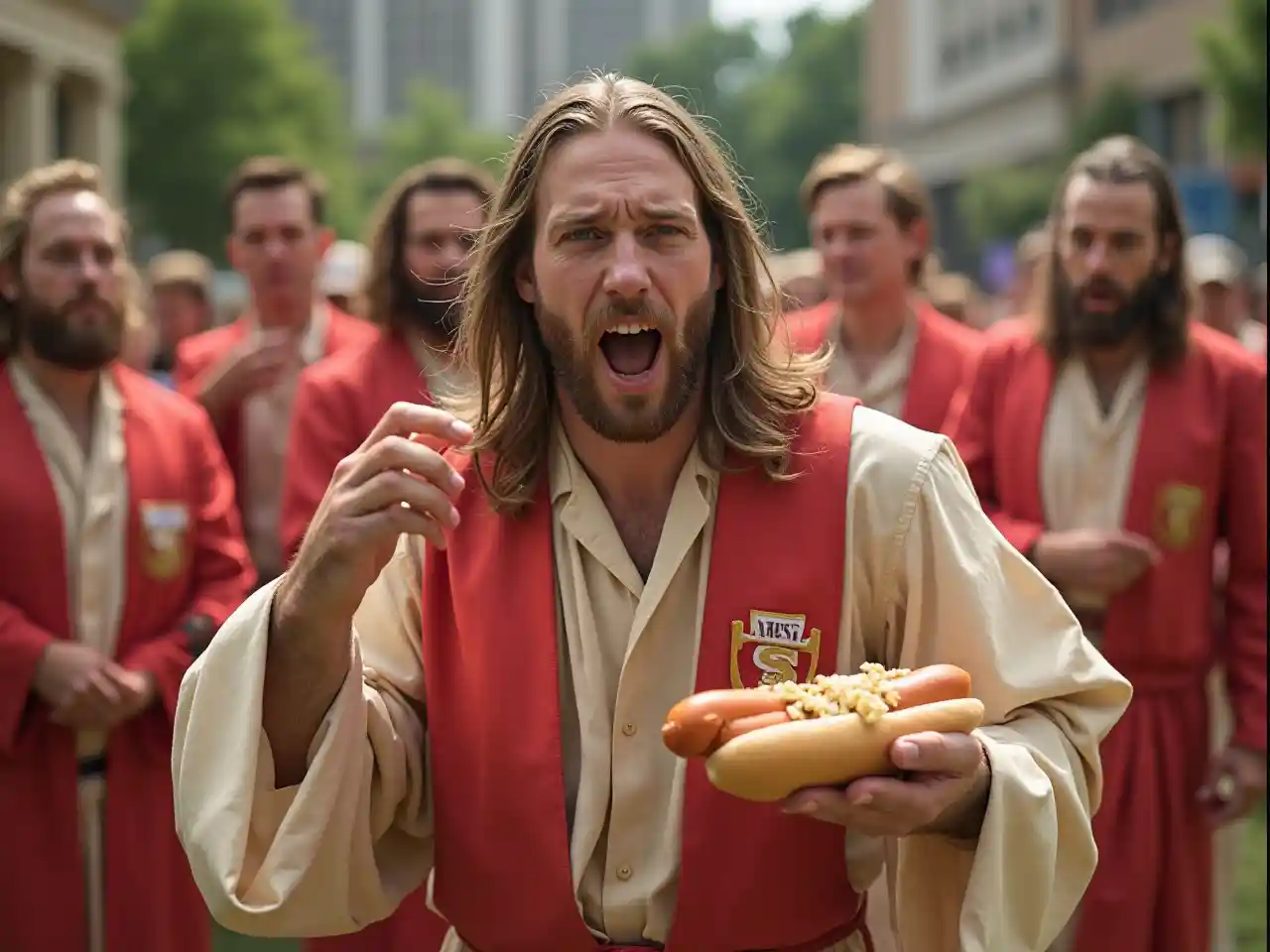 Jesus Christ Triumphs in Hot Dog Eating Contest Wearing Uniform