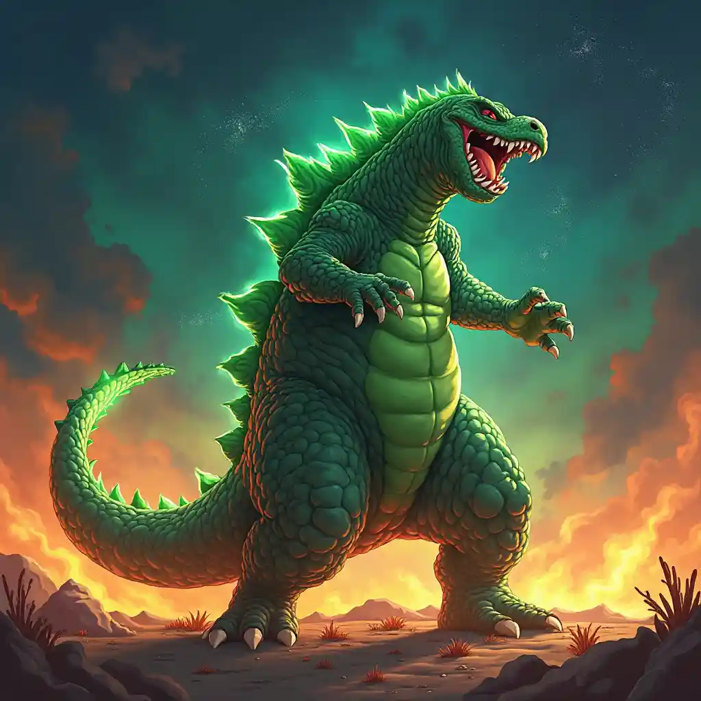 Dancing Godzilla Emerges from Cosmic Flames in Joyous Display