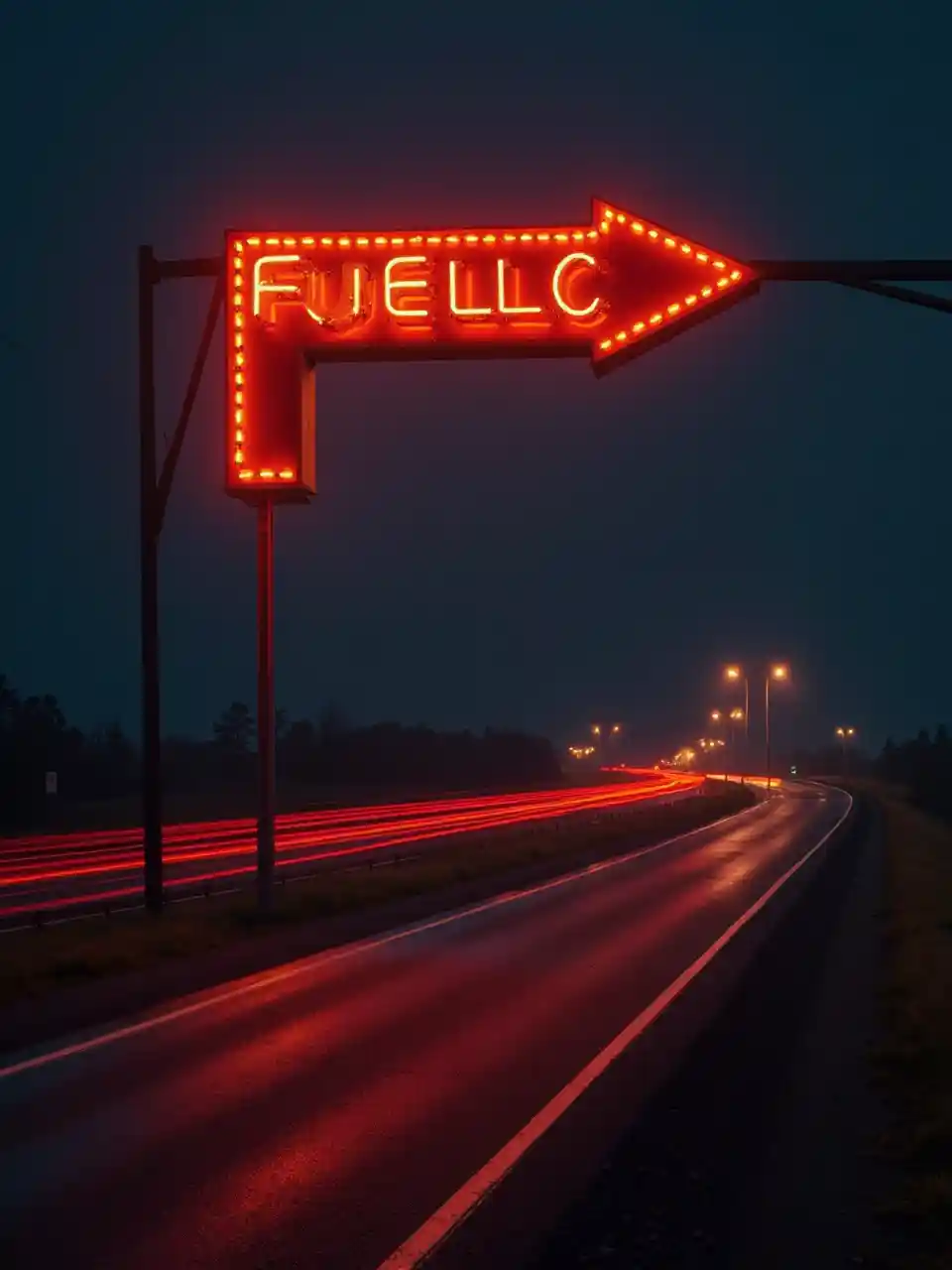 Illuminating Highway Scene with Neon Orange Sign