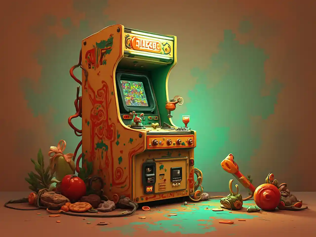 Exploring the Vibrant Orange and Green Arcade Machines