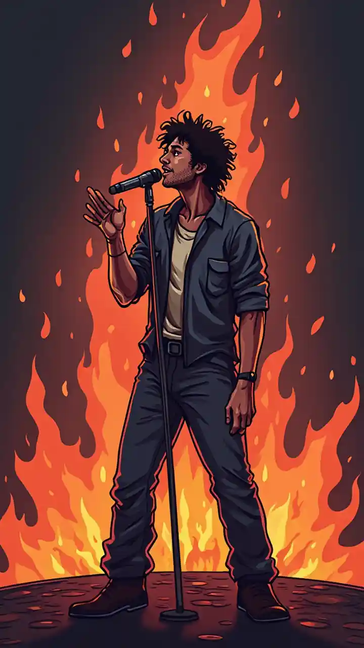 A Dramatic Illustration of a Singer Surrounded by Flames