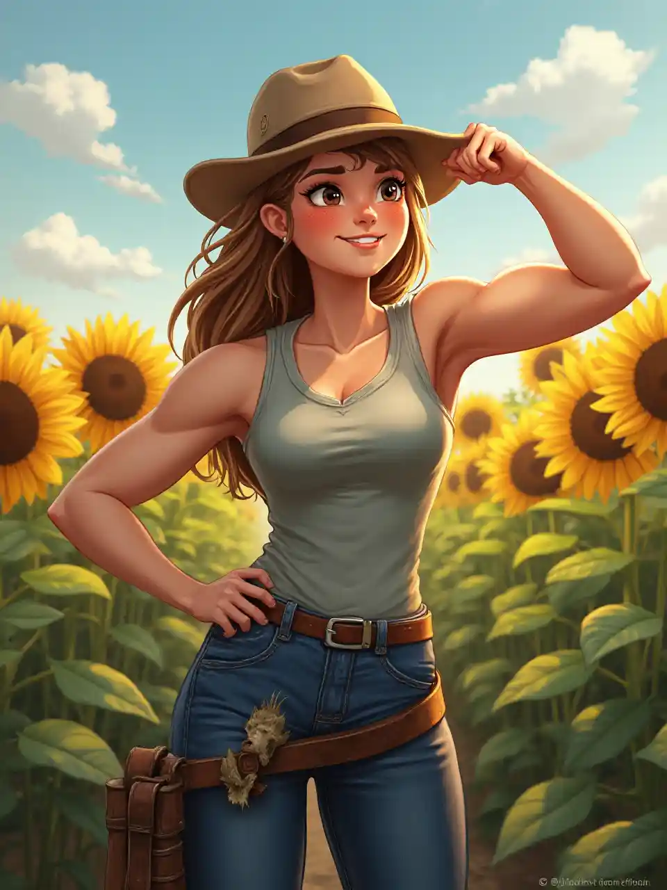 The Strong Farm Girl Flexes Among Sunflowers