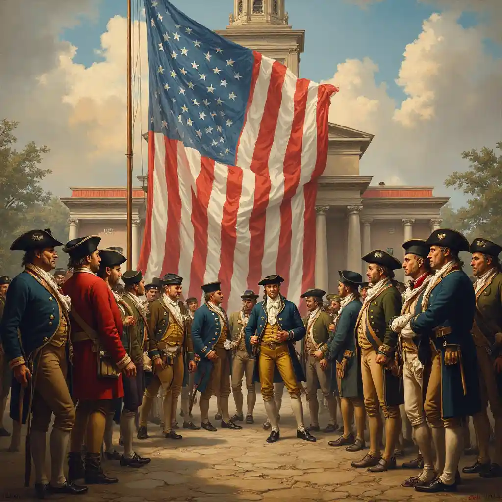 Revolutionary War Figures at Independence Hall with American Flag