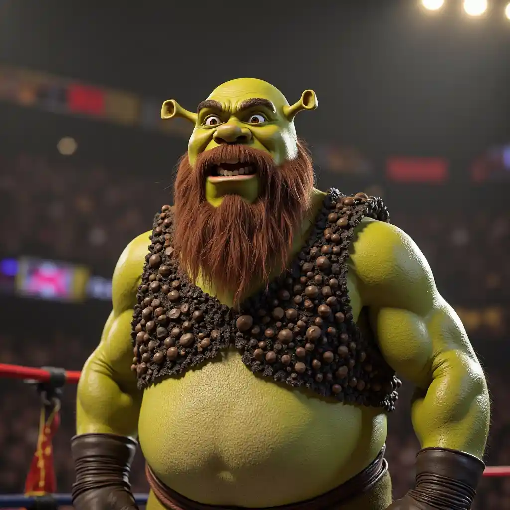 Shrek with a Beard Competing in Wrestling Ring