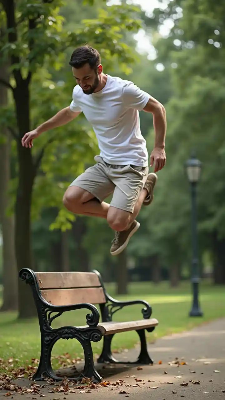 A Man Jumps Over a Bench in the Park