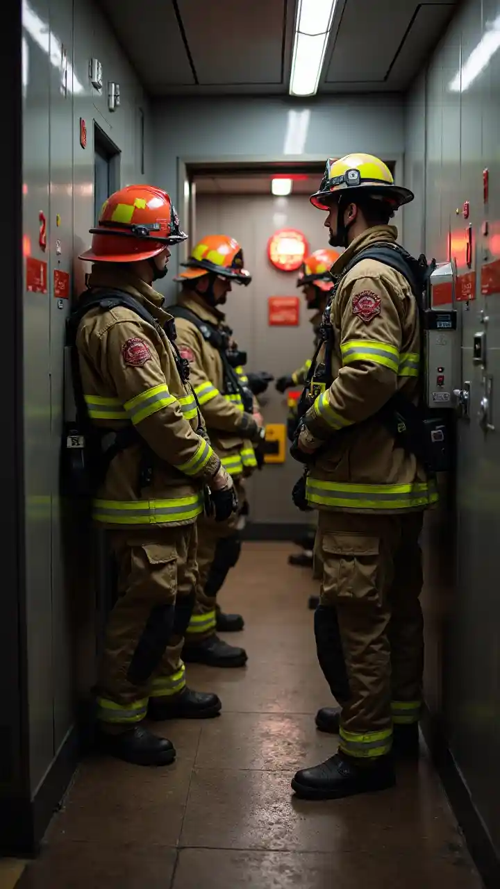 Brave Firefighters Stand Ready by Elevator Emergency