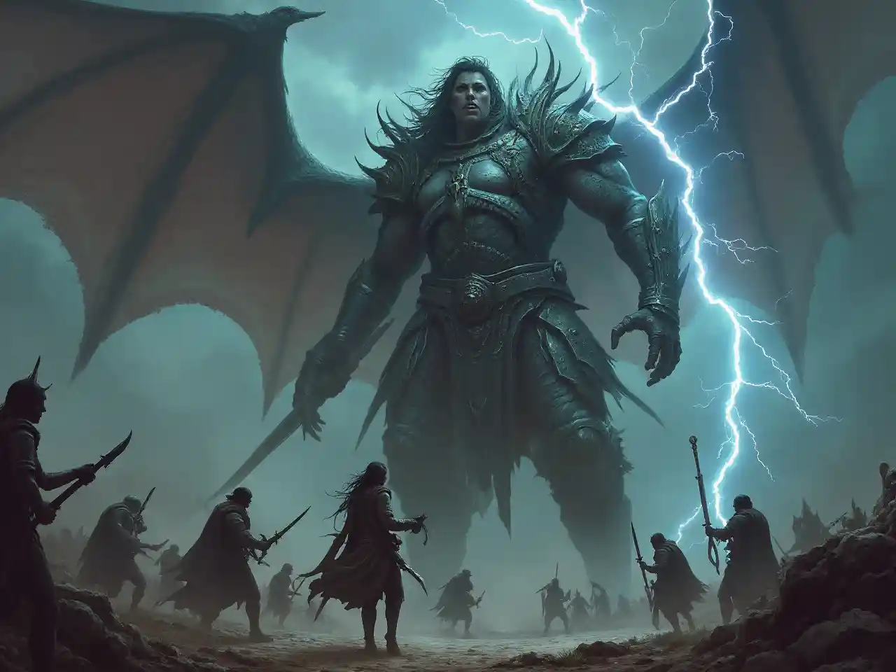 Epic Battle Scene Featuring a Giant Female Warrior and Dragon