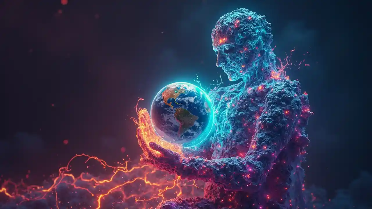 The Cosmic Figure Holding the Earth in Neon Style