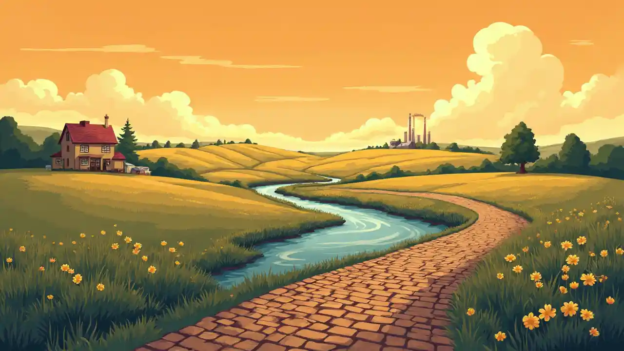 A Scenic Landscape Featuring Brick Pathways and Distant Factory