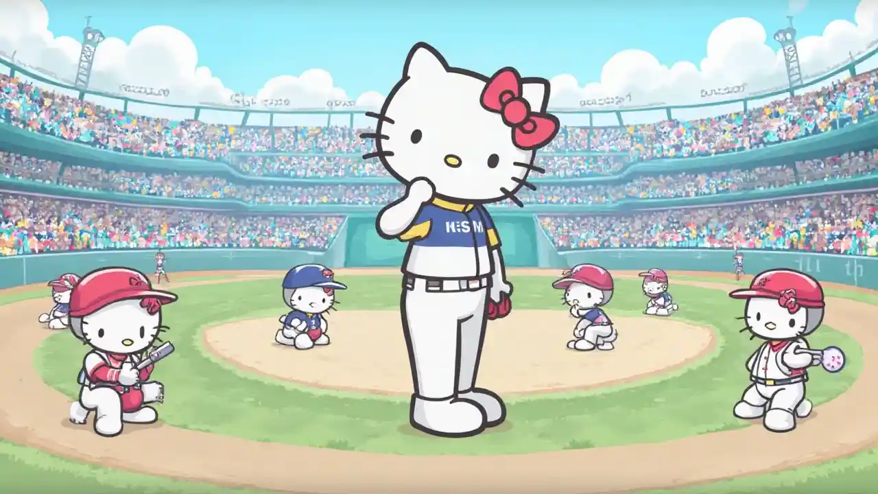 Hello Kitty Joins Baseball Players in Stadium Illustration