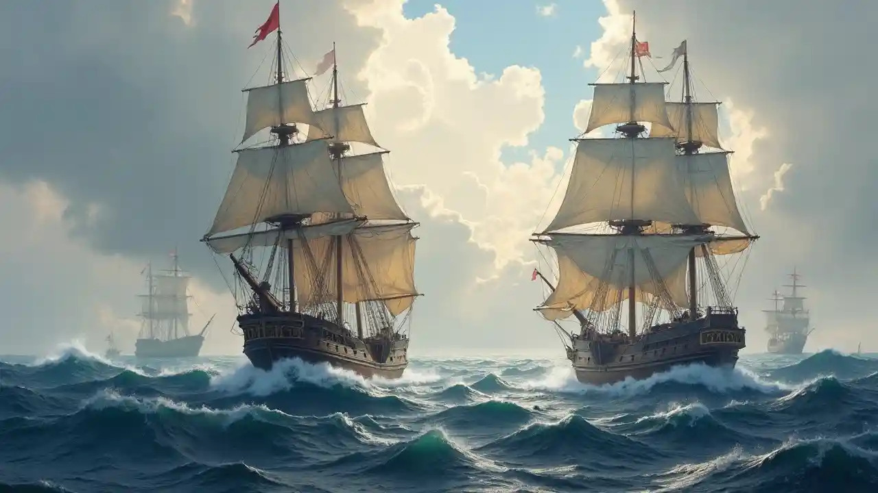 Epic Naval Battle Depicted Between Two Historic Sailing Ships