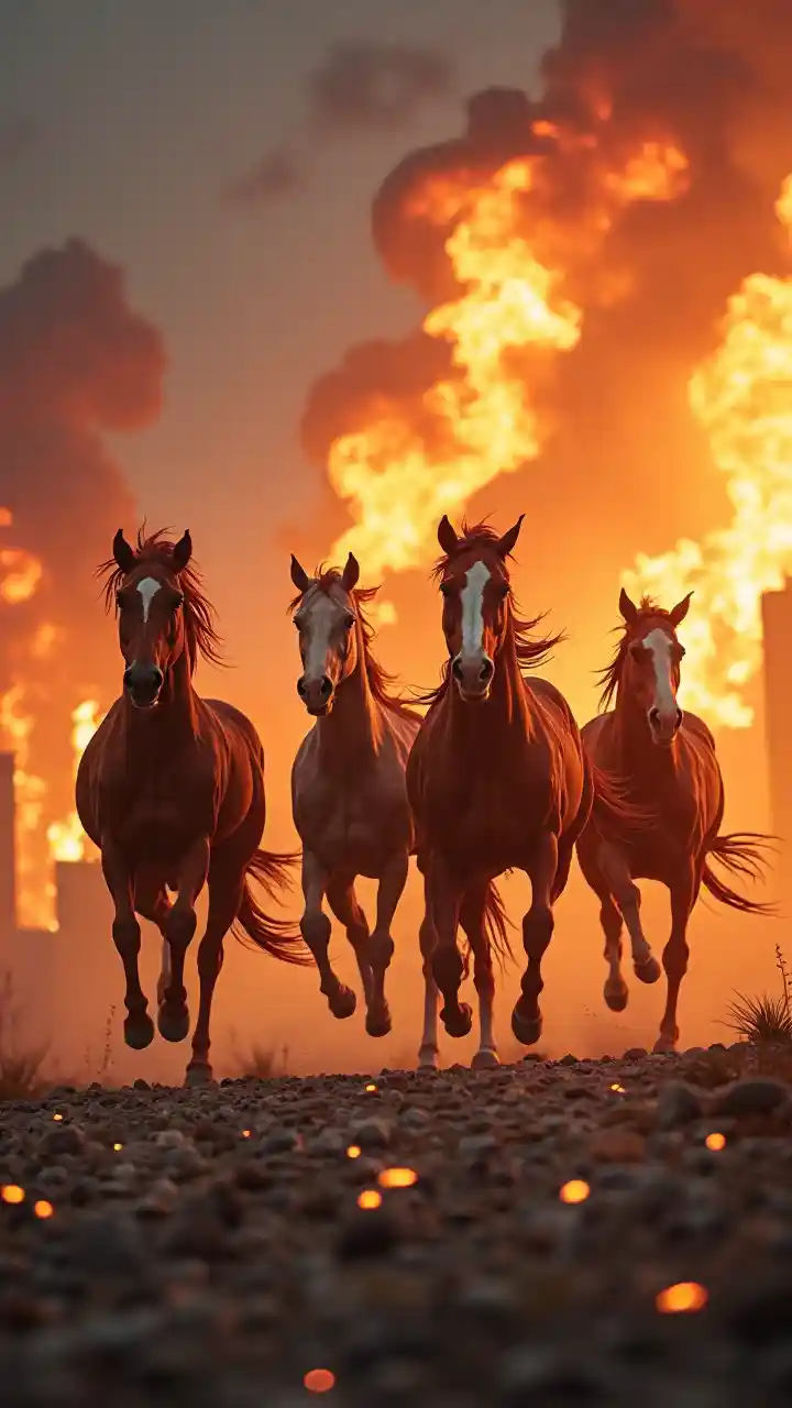 Four Fiery Horses Racing Through a Flaming City Skyline