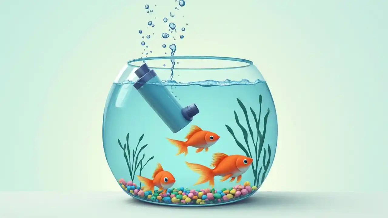 An Asthma Inhaler Swimming with Goldfish in a Bowl