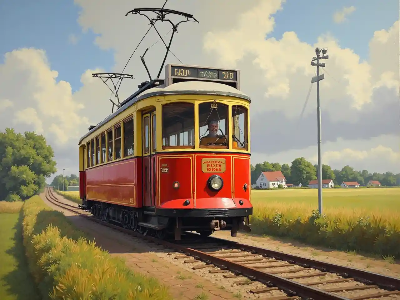 A Scenic View of Vintage Tram in Countryside Landscape