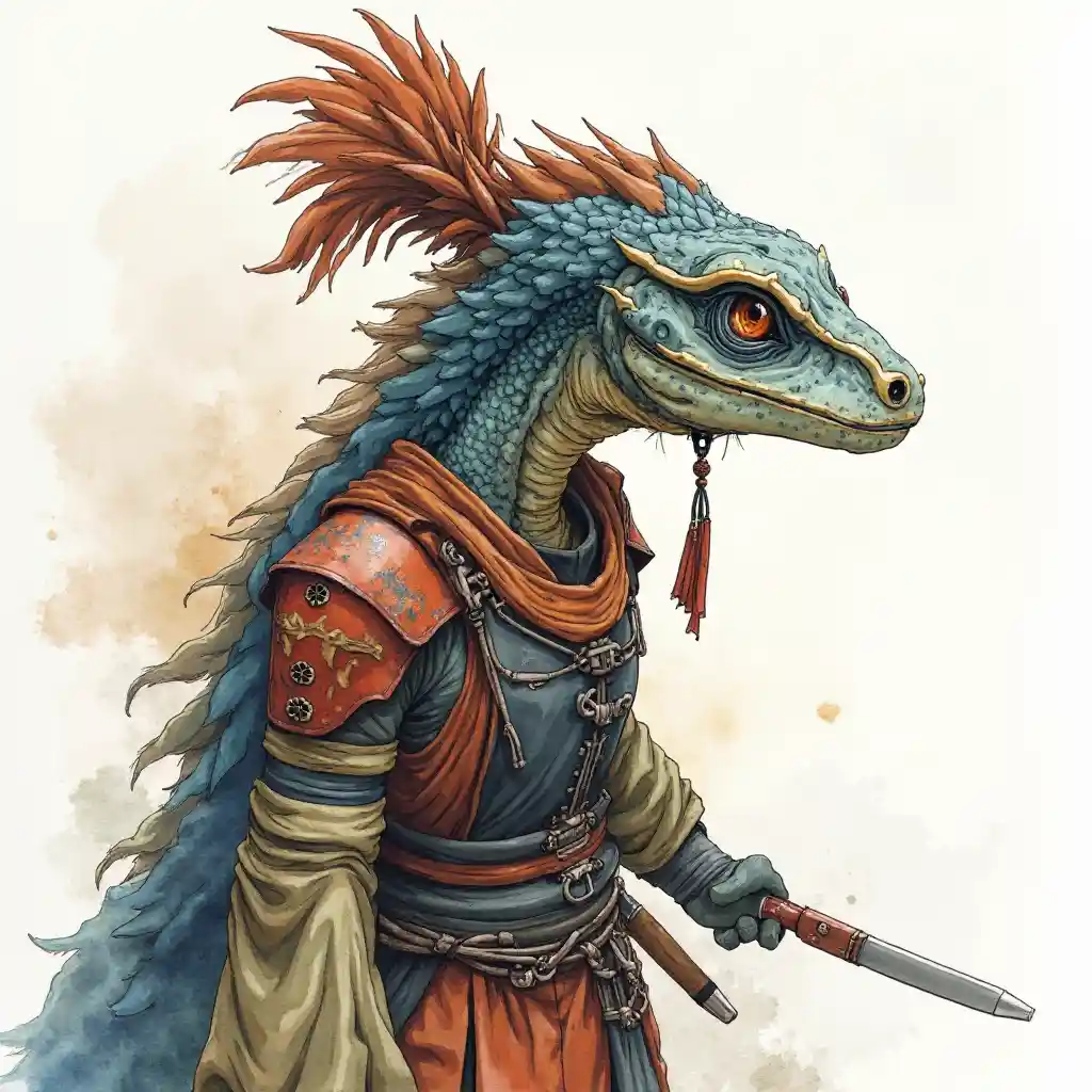 Futuristic Samurai Lizard Woman in Watercolor Concept Art