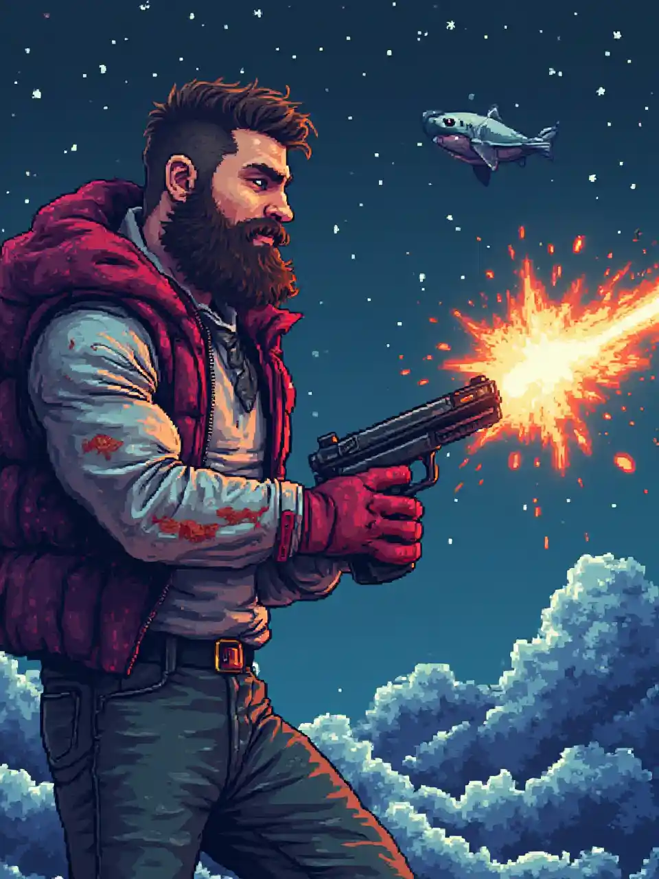 Pixel Art Video Game Cover Featuring Macho Man in Space