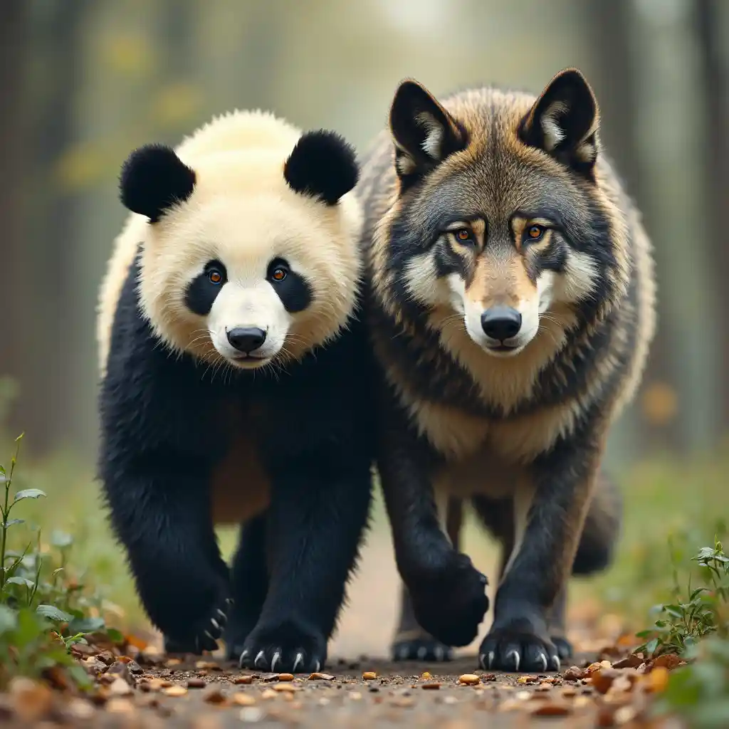 A Unique Friendship Between Panda and Wolf Walking Together