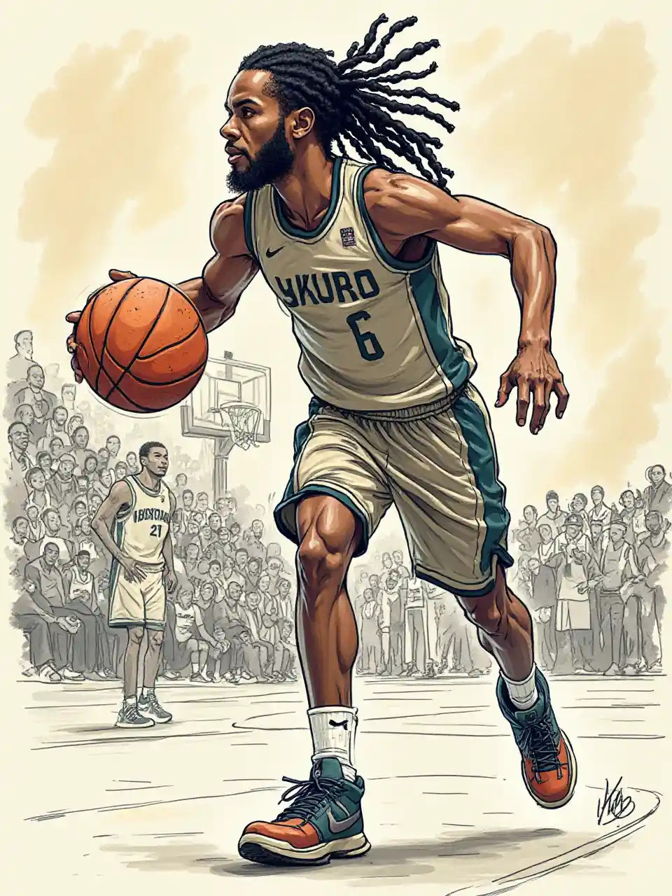 Dynamic Basketball Player with Dreadlocks in Action