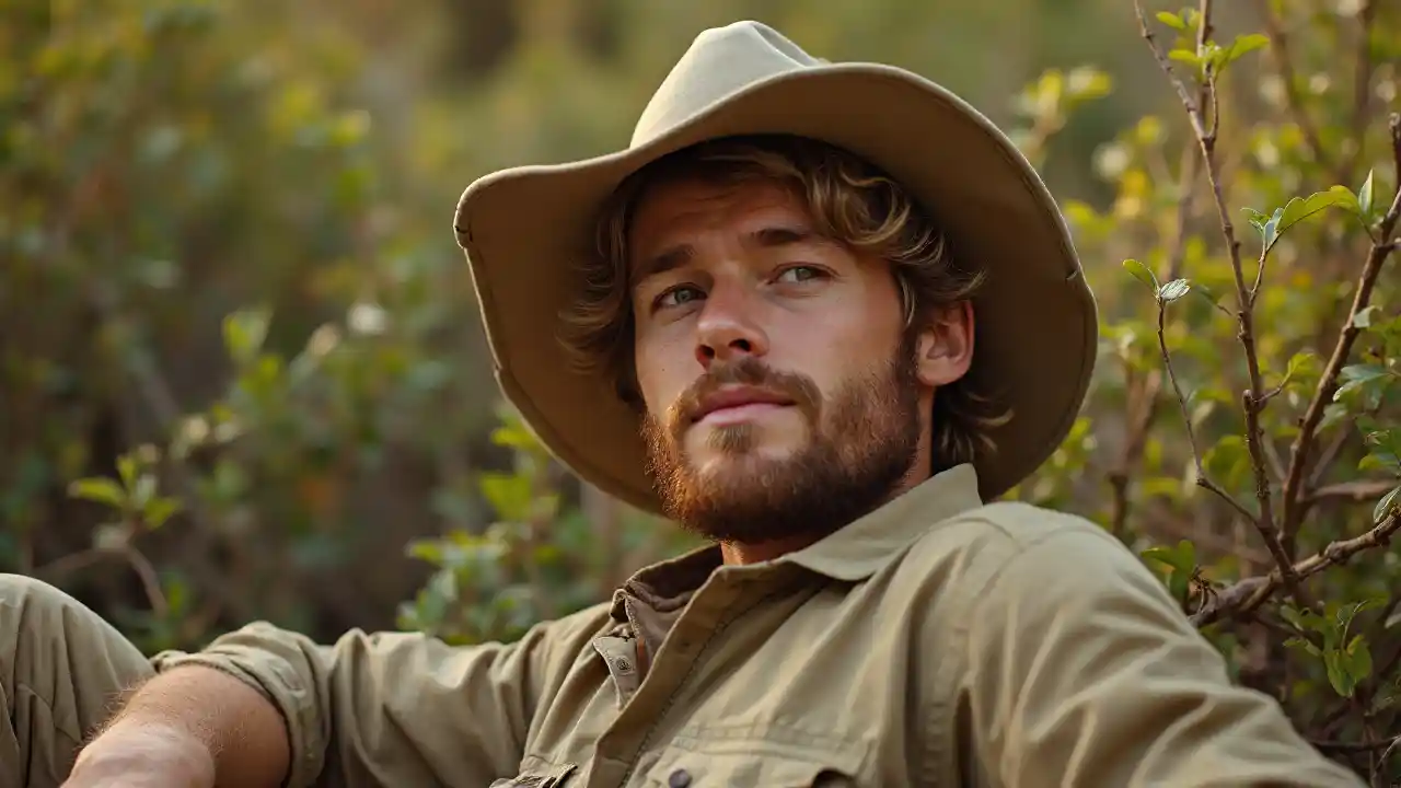 A Man in Safari Attire Lying in the Bushes