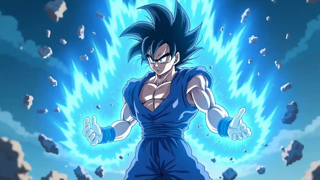 Gogeta Powers Up Surrounded by Blue Energy Aura