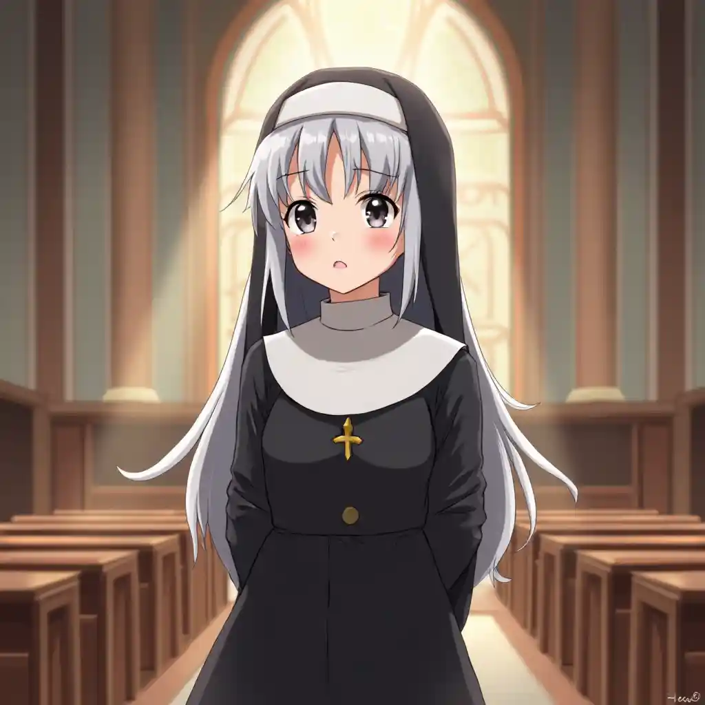 Adorable Anime Nun with Silver Hair in a Church
