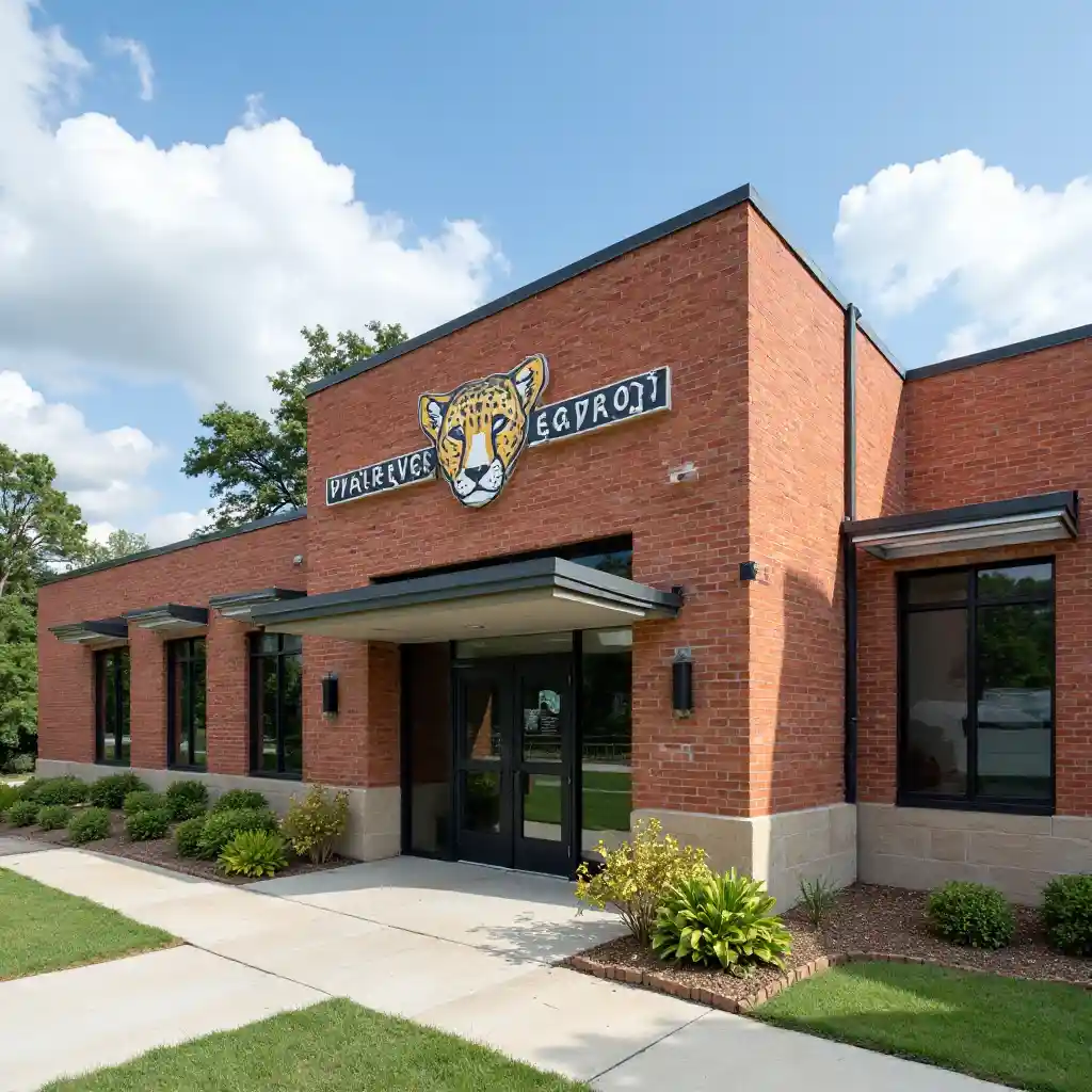 Modern School Building Featuring Cheetahs Logo and Design