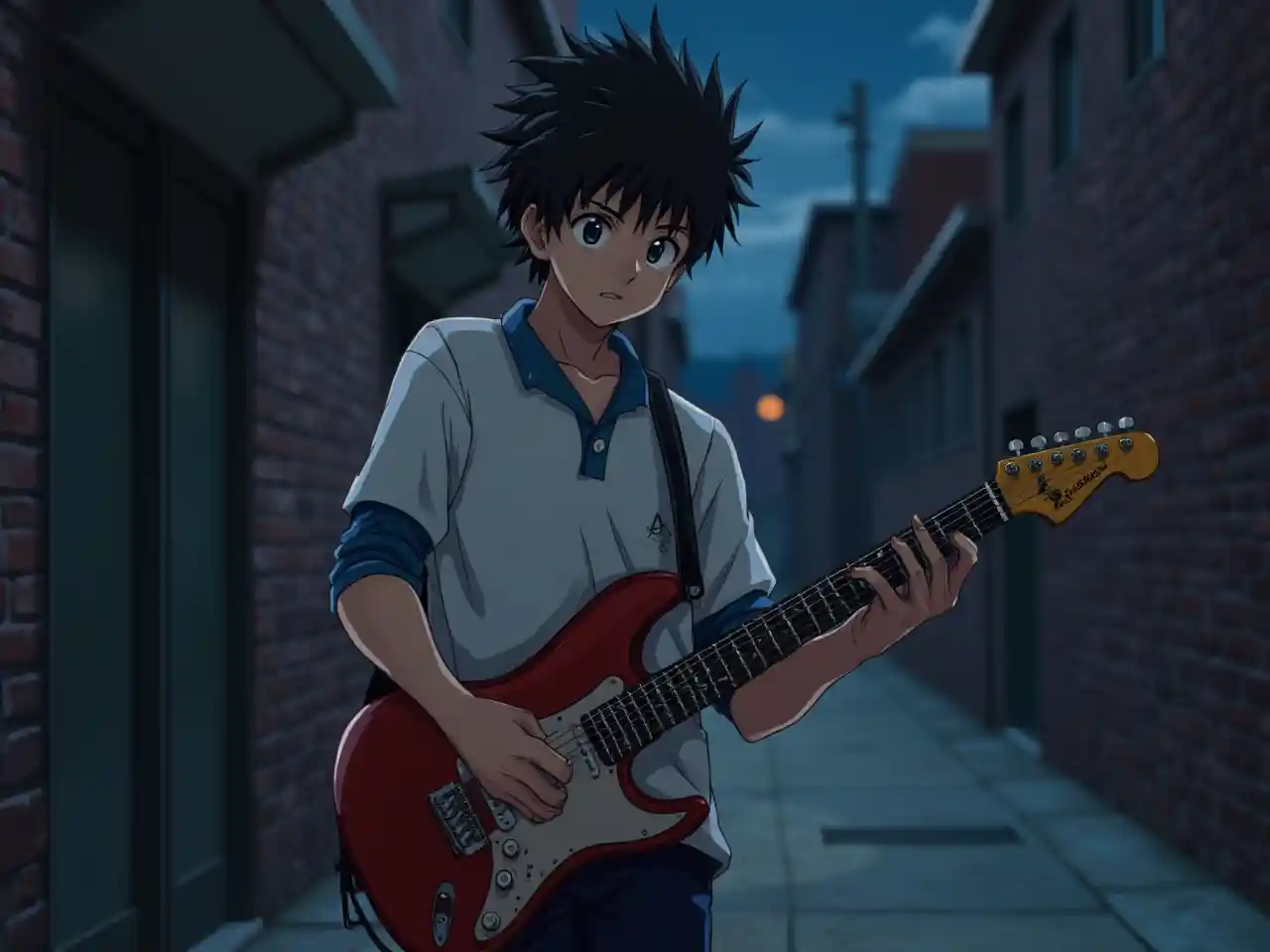 Young Guitarist in Anime Style Rocks the Night Alley