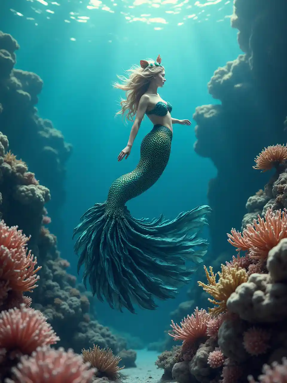 A Beautiful Peacock Mermaid Among the Coral Reefs