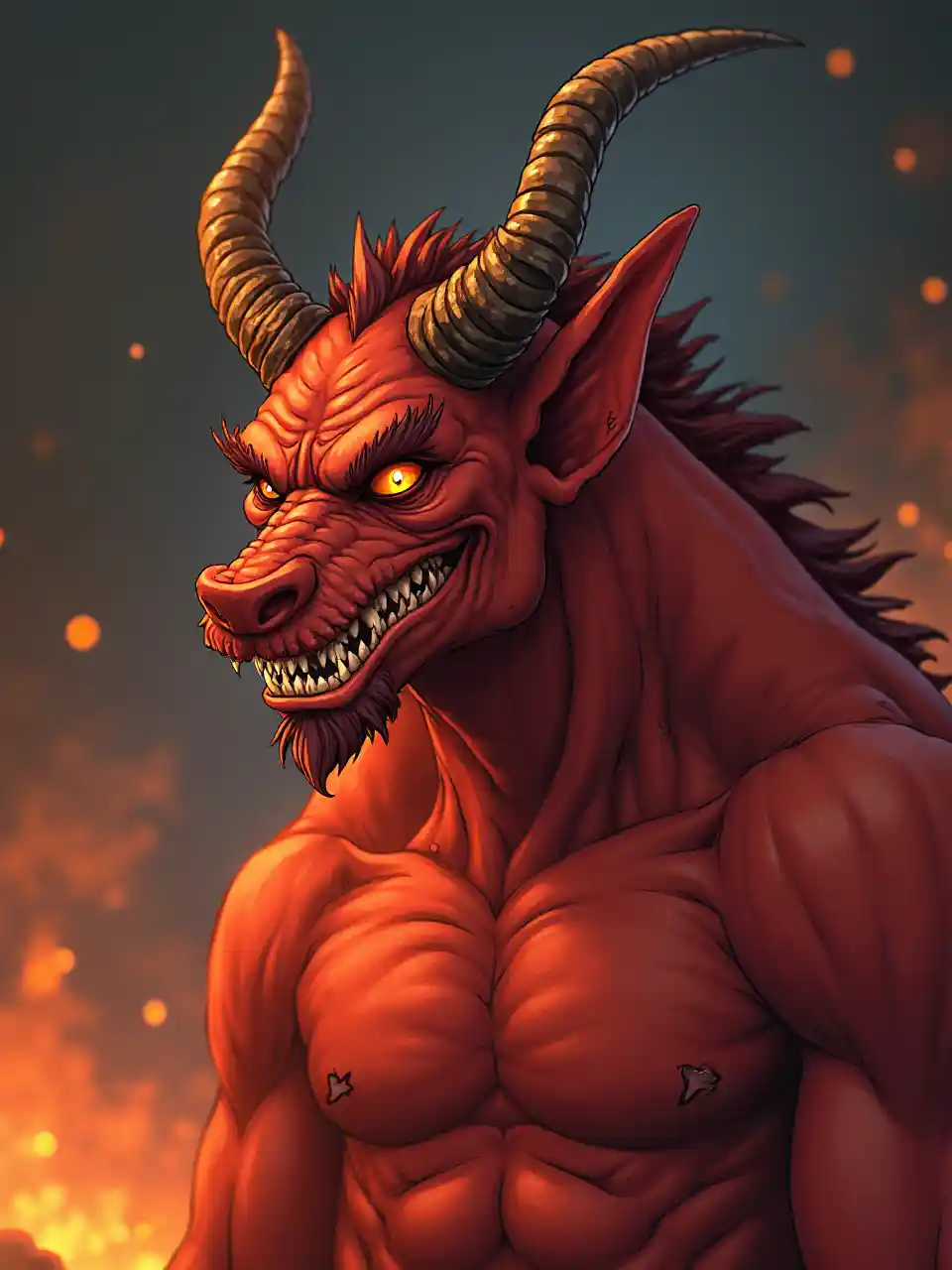 Illustration of a Red-Skinned Devil Amidst Fire and Smoke