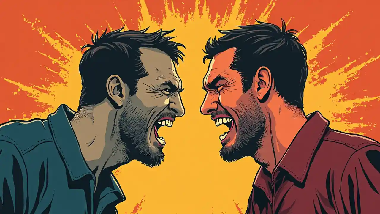 Confrontational Men Expressing Exaggerated Emotions in Linocut