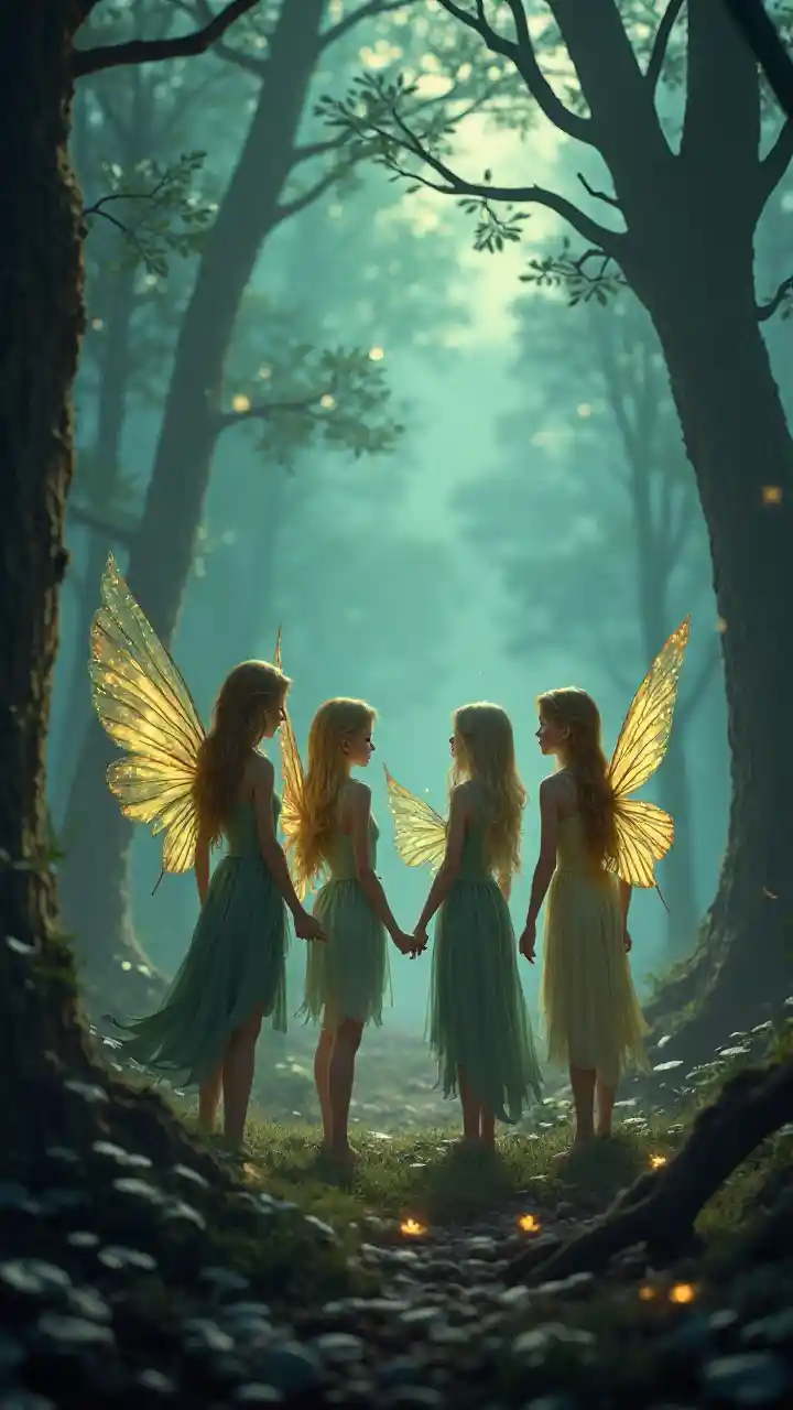 The Enchanted Forest: Four Glowing Winged Fairies