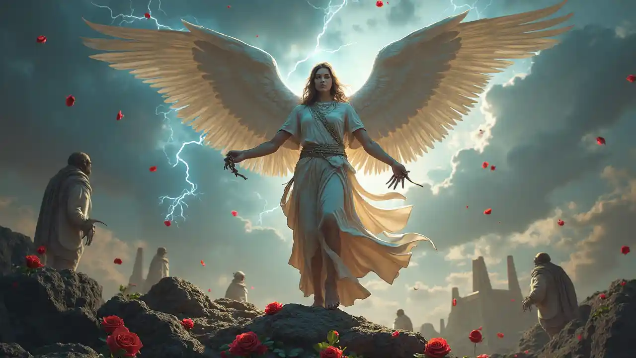The Winged Figure Among Roses and Lightning Effects