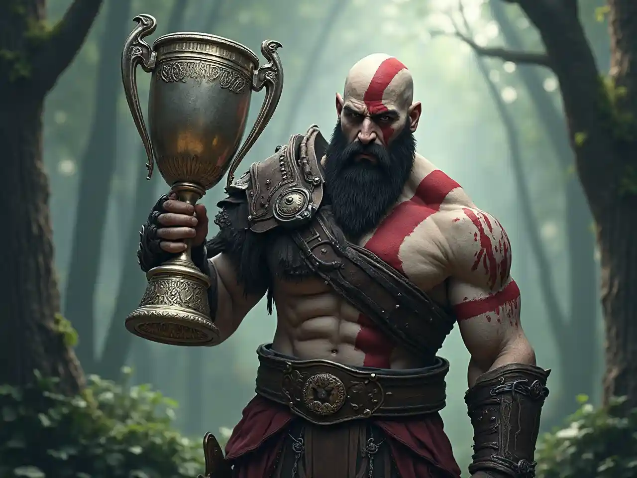 Kratos Triumphs in the Enchanted Forest with Trophy