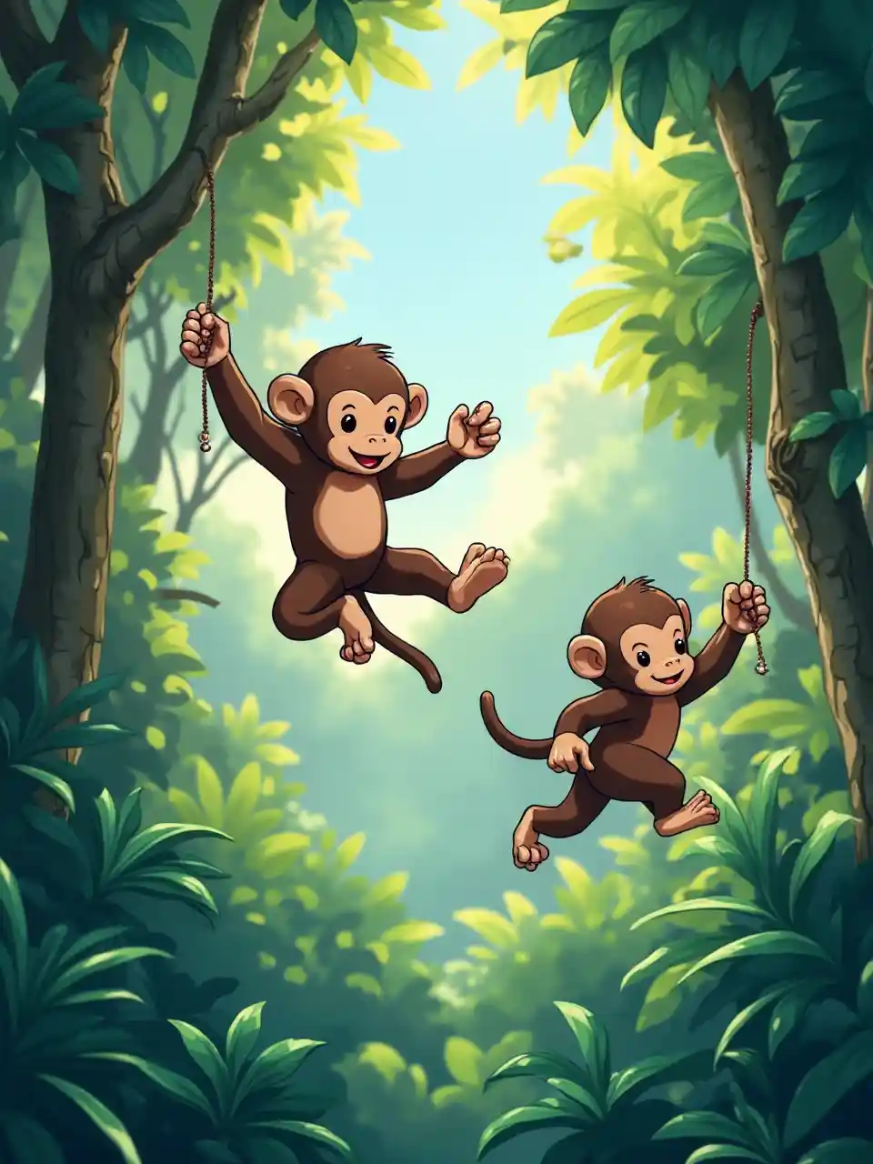 Anime-Style Monkeys Swinging Through Lush Greenery