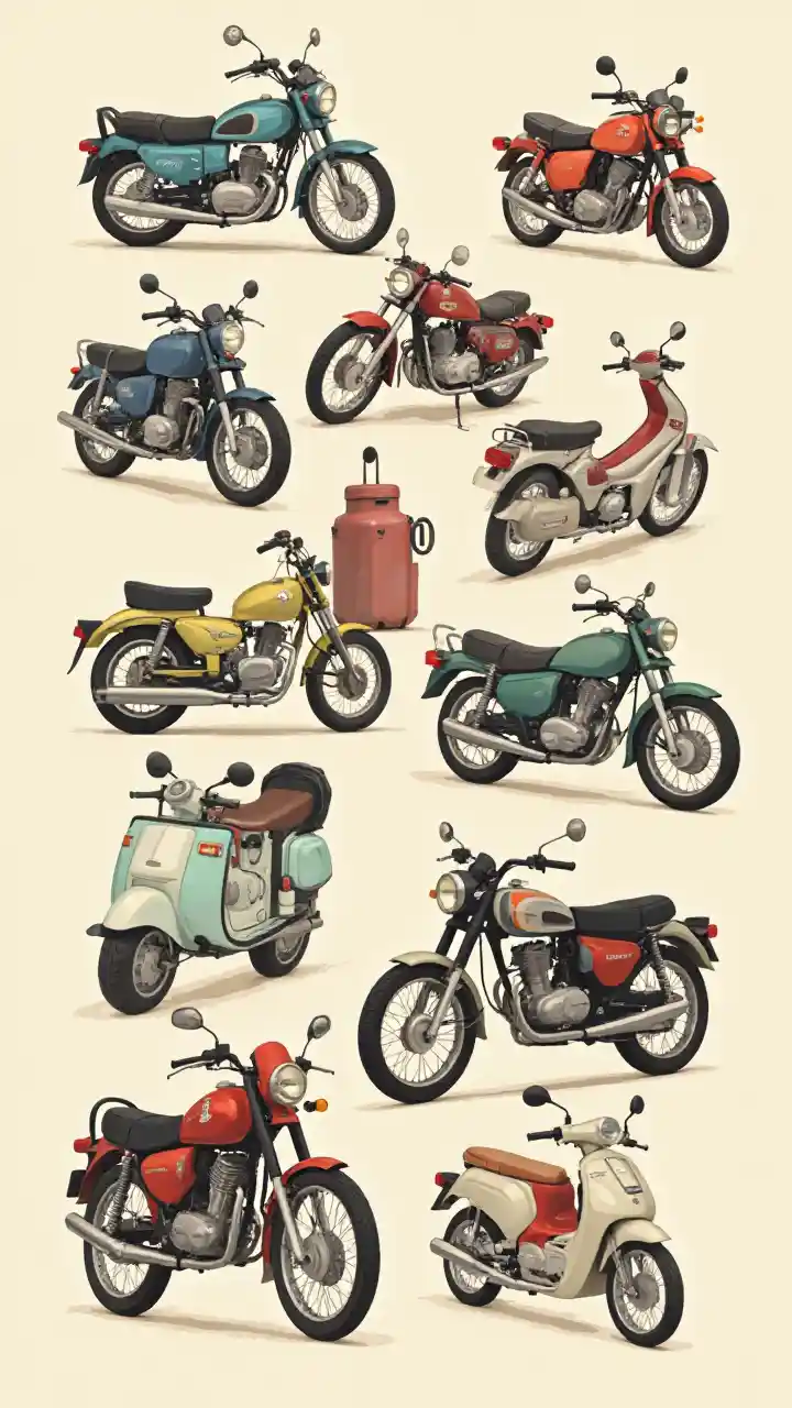 A Creative Display of Diverse Motorcycles on Beige Background